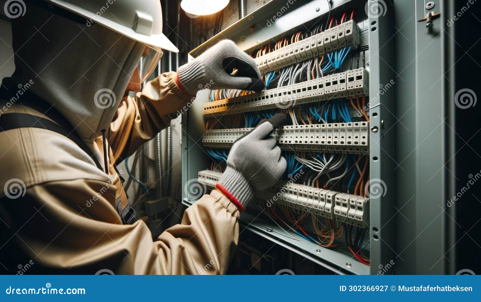 An Electrician, with Safety Gloves and Tools, Working on an Open ...