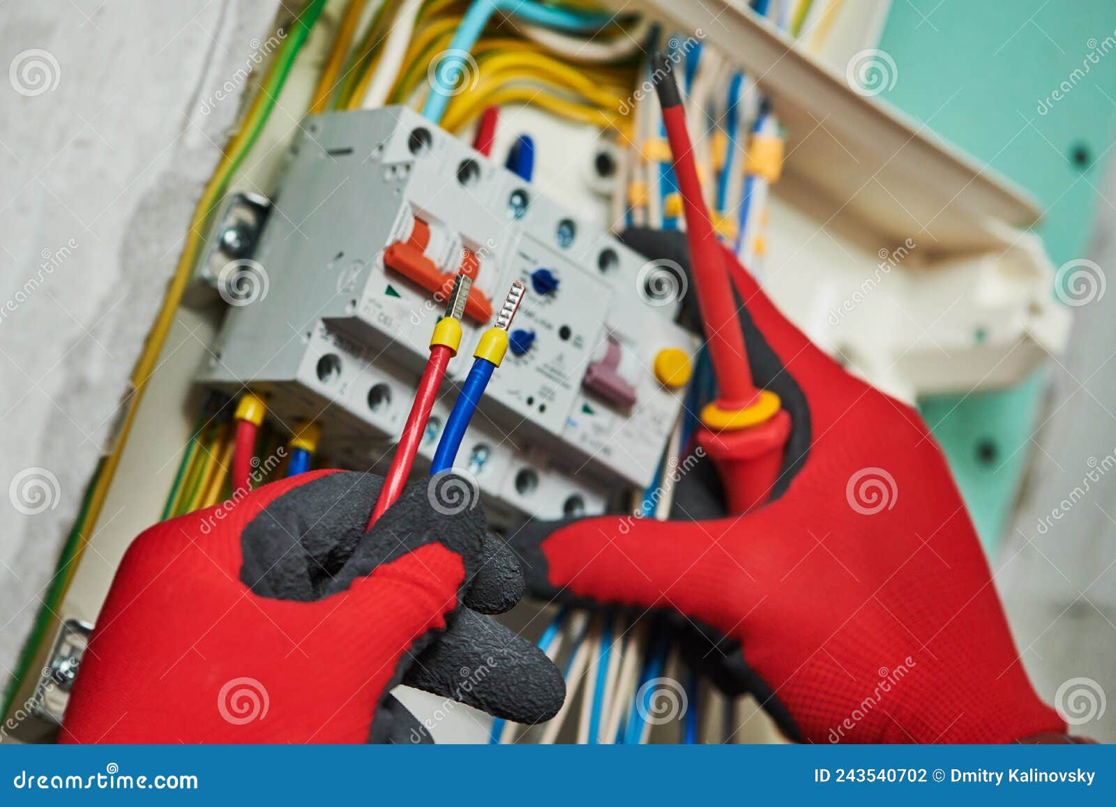 Electrician Works with Switchbox and Breakers Stock Photo - Image of ...