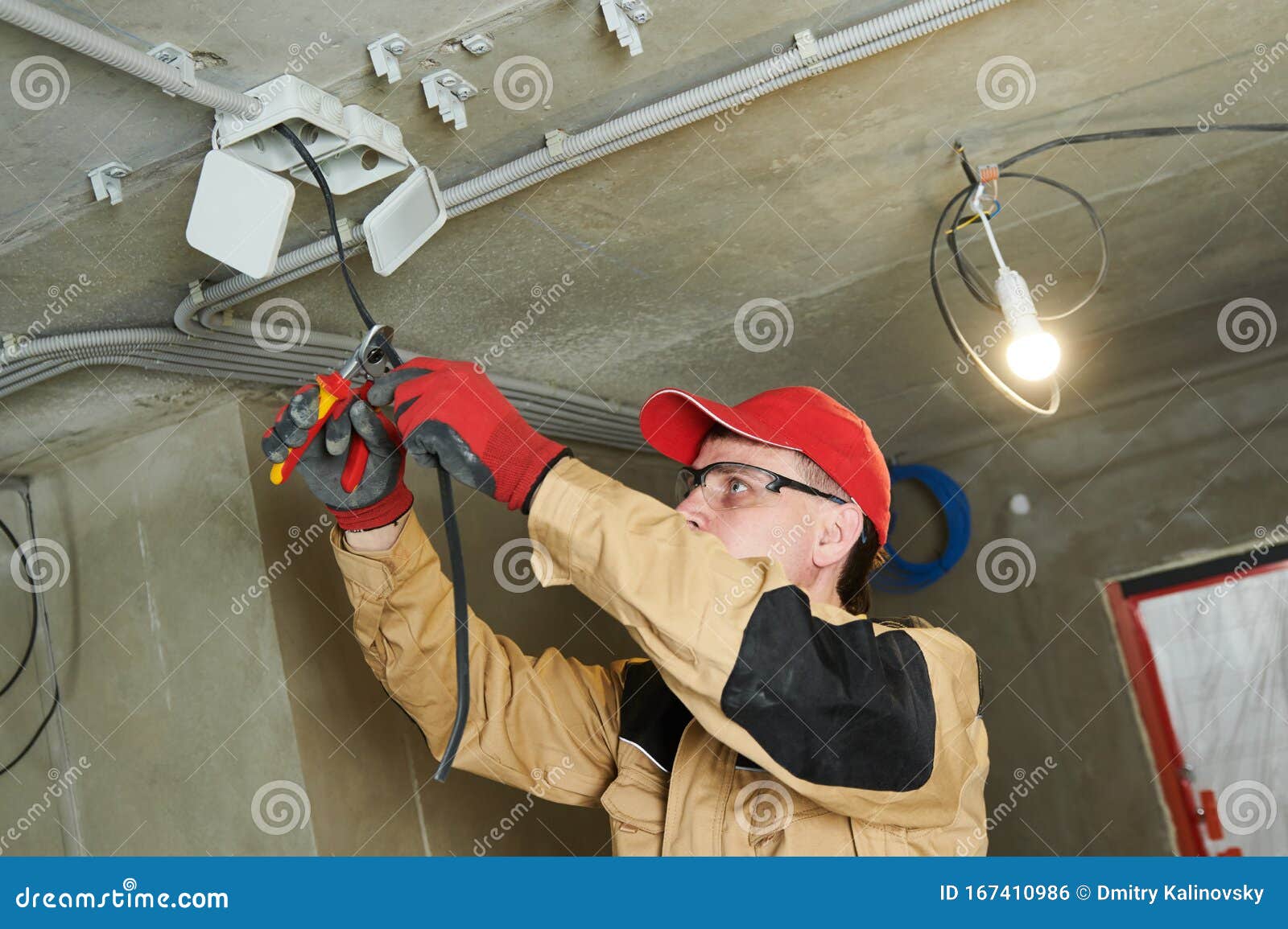 Electrician Service. Installer Works with Cable Stock Photo - Image of ...