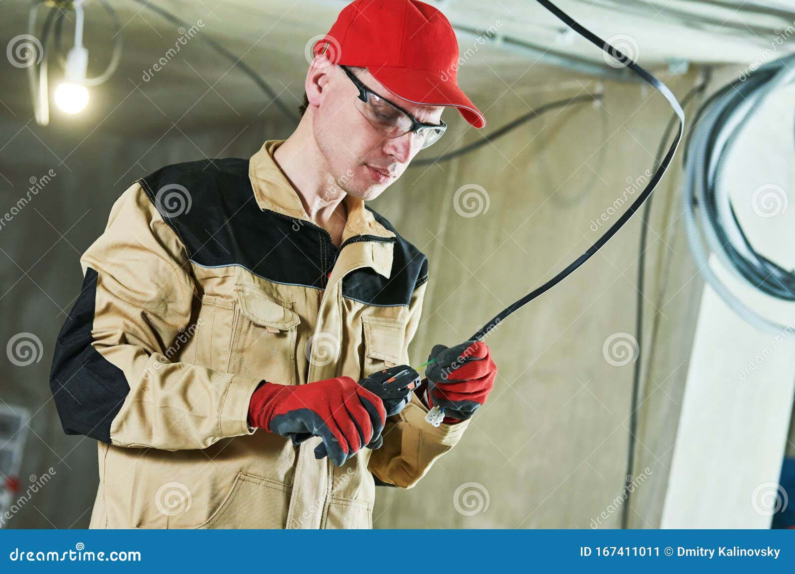 Electrician Service. Installer Works with Cable Stock Image - Image of ...
