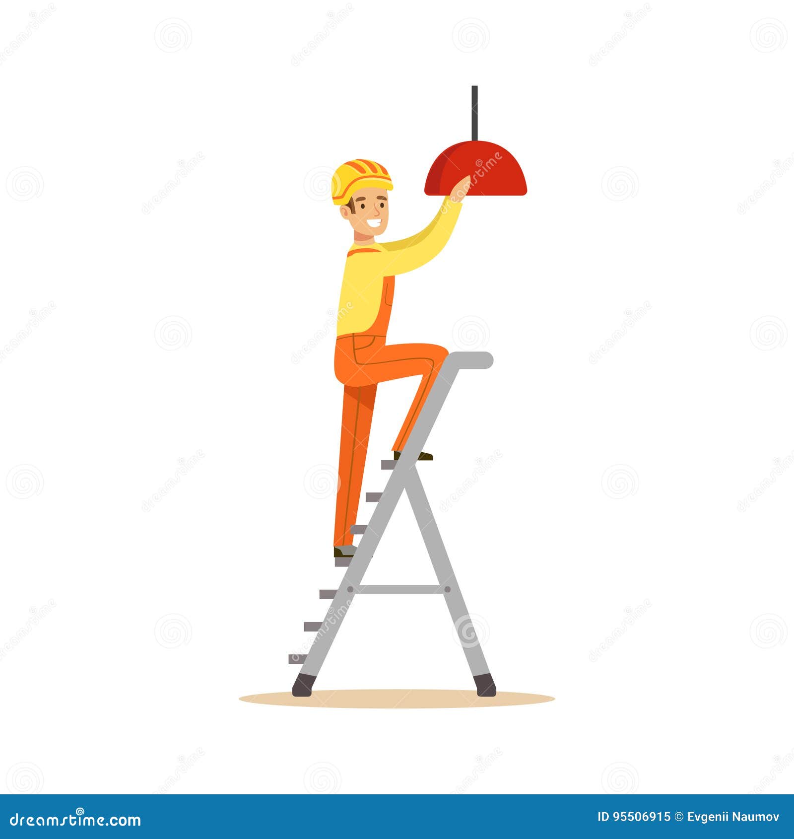 Electrician Standing on a Stepladder Installing Lighting on the Ceiling ...