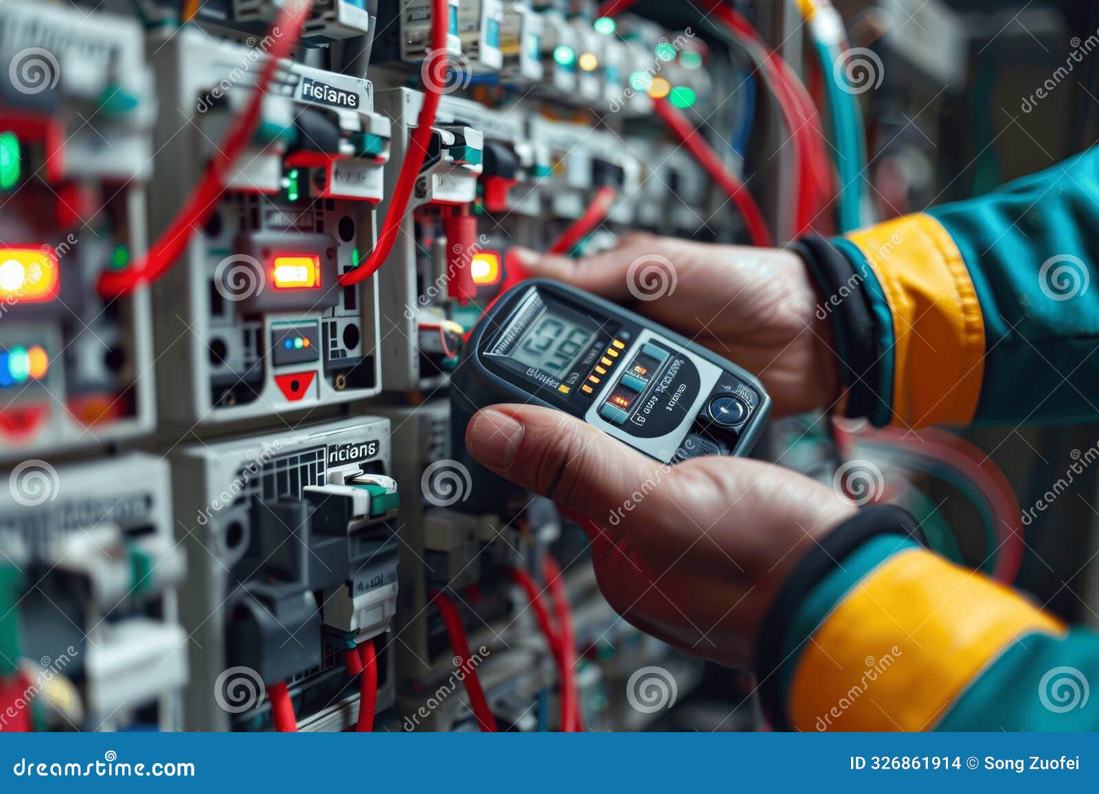 Electrician Testing Electrical Panel with Multimeter in Control Room ...