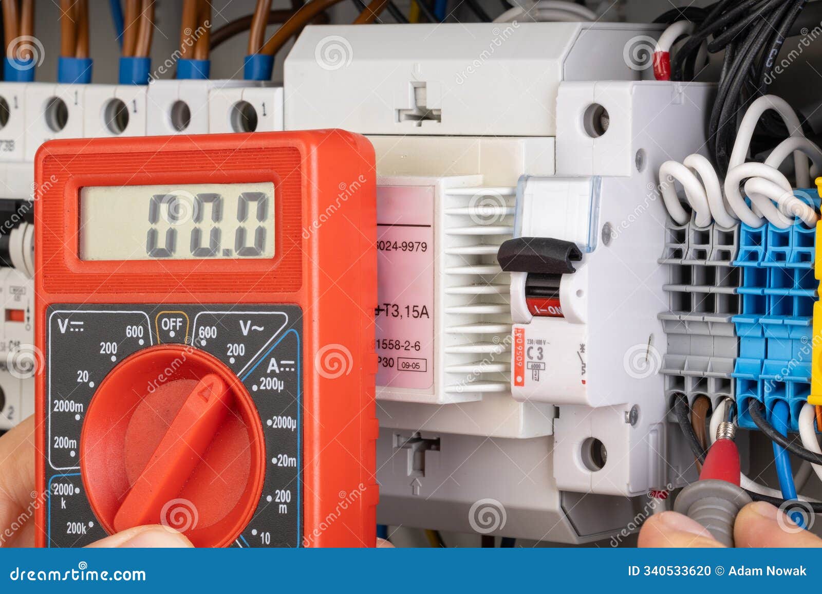Electrician Testing Voltage with Multimeter in Panel Stock Illustration ...
