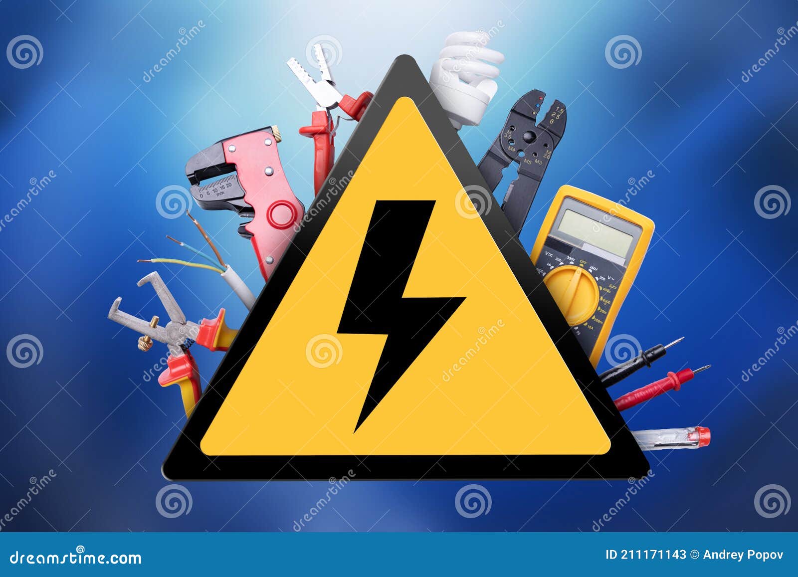 Electrician Tools Around High Voltage Sign Stock Image - Image of bulb ...