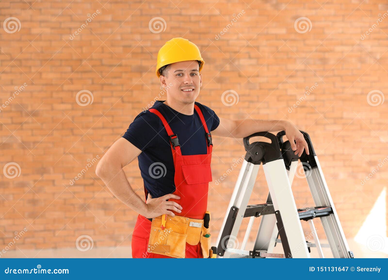Electrician with Tools and Ladder in New Empty Apartment Stock Image ...