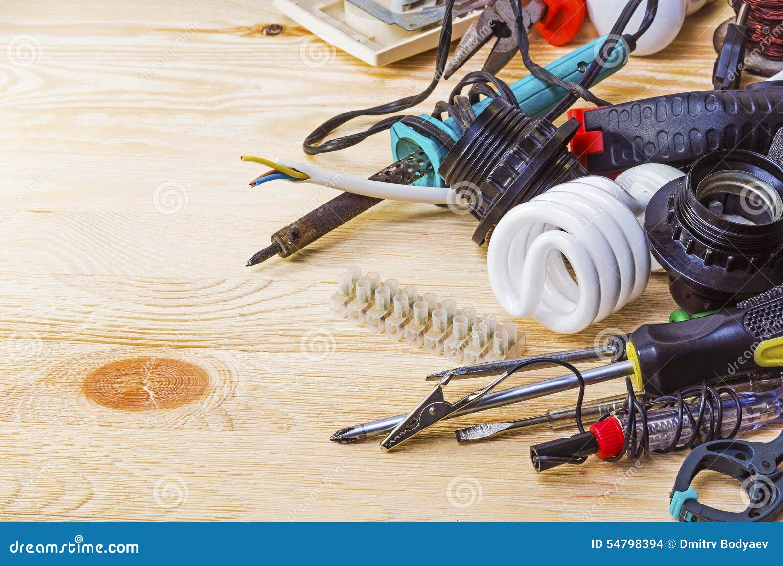 Electrician Tools on the Table Stock Photo - Image of bulb, equipment ...