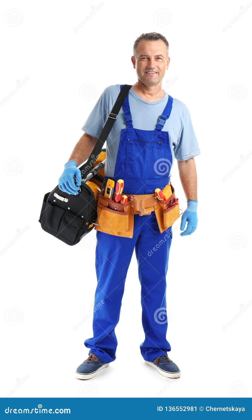Electrician with Tools Wearing Uniform on White Stock Image - Image of ...