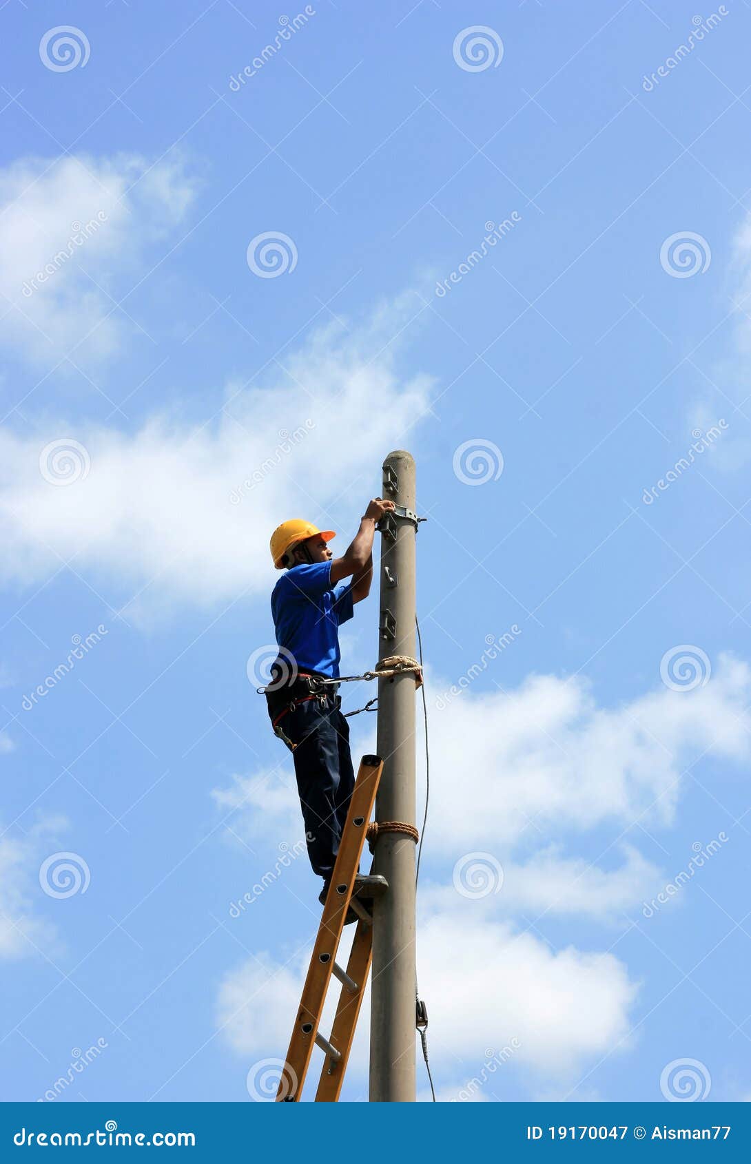 Electrician on the Tower Electric Pole Stock Image - Image of hardhat ...