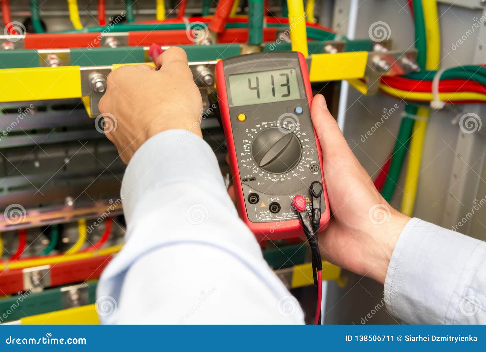 Electrician Uses Multimeter in Fuse Box Stock Image - Image of electric ...