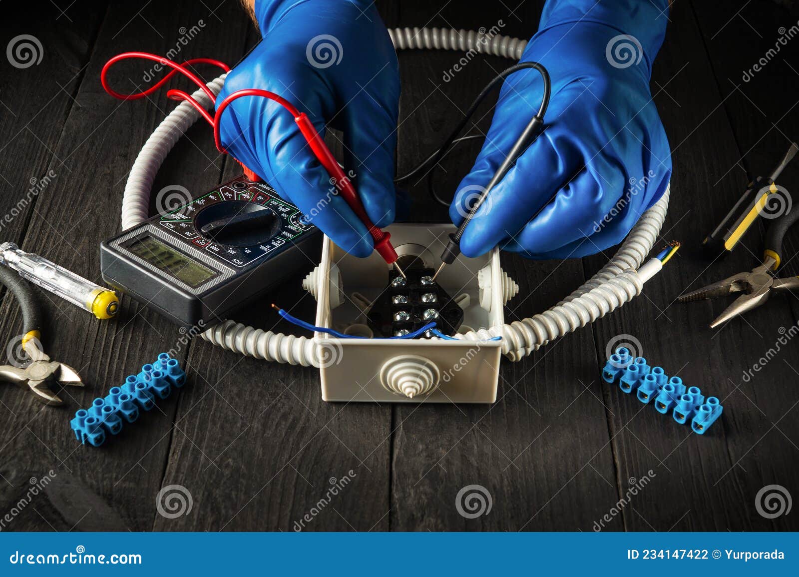 An Electrician Uses A Yellow Screwdriver To Screw A Double Grounded ...