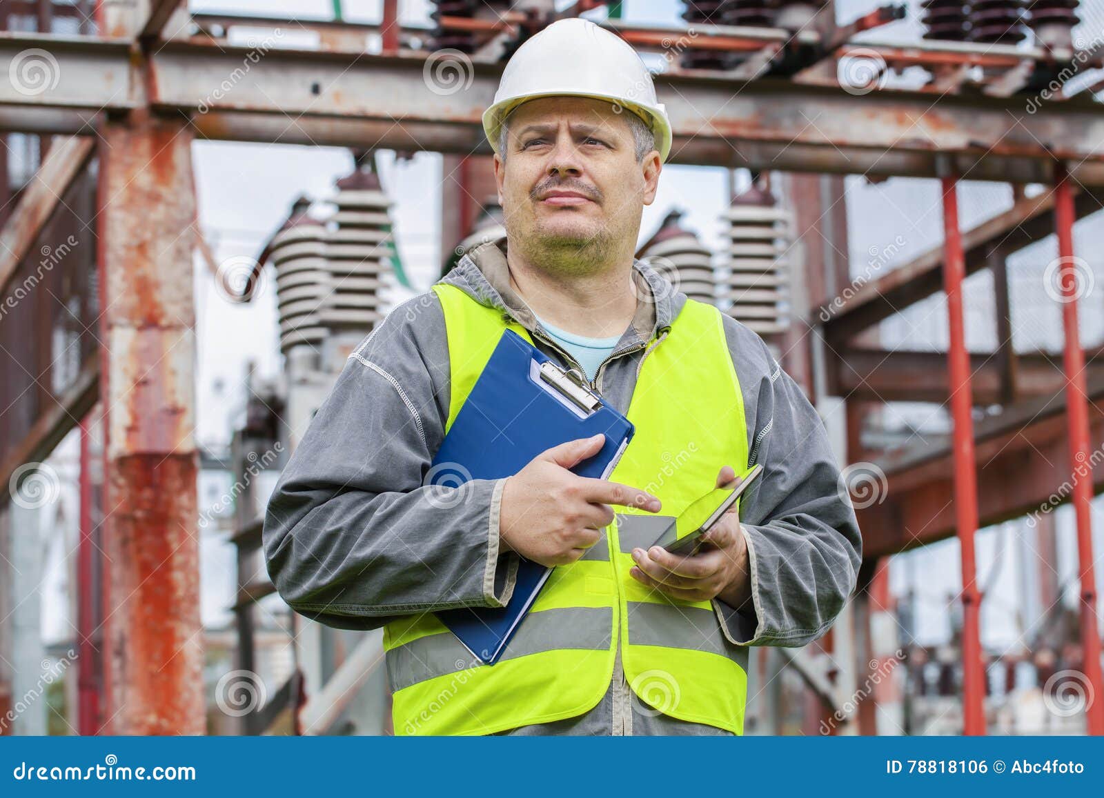 Electrician Using Tablet PC and Take Substation Technical Inspection ...