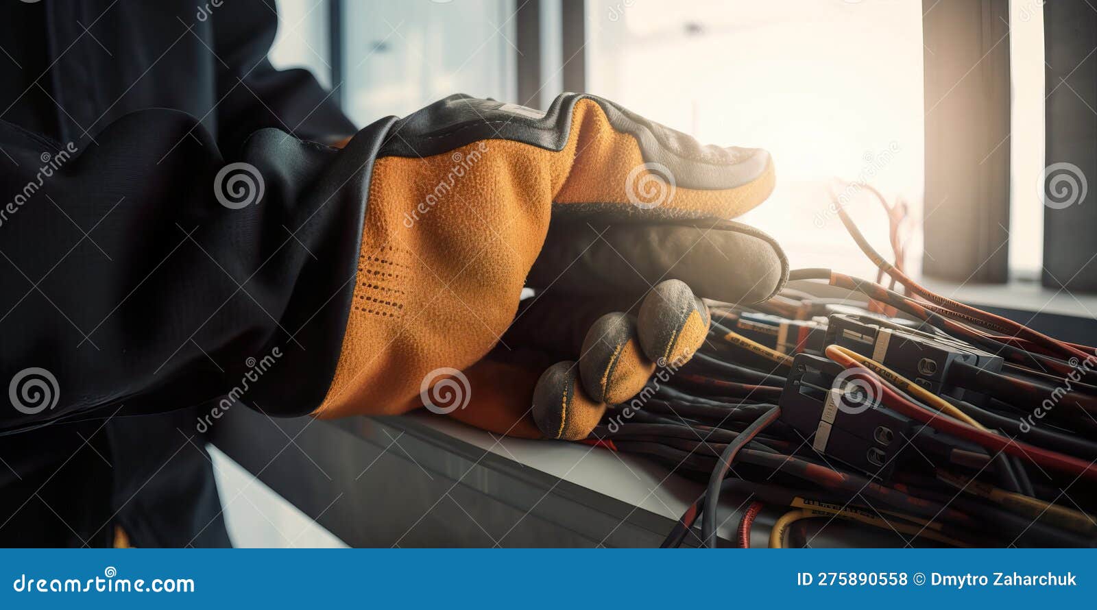 Electrician Wearing Insulated Gloves And Using A Voltage Meter To ... Electrician Wearing Insulated Gloves And Using A Voltage Meter To ...