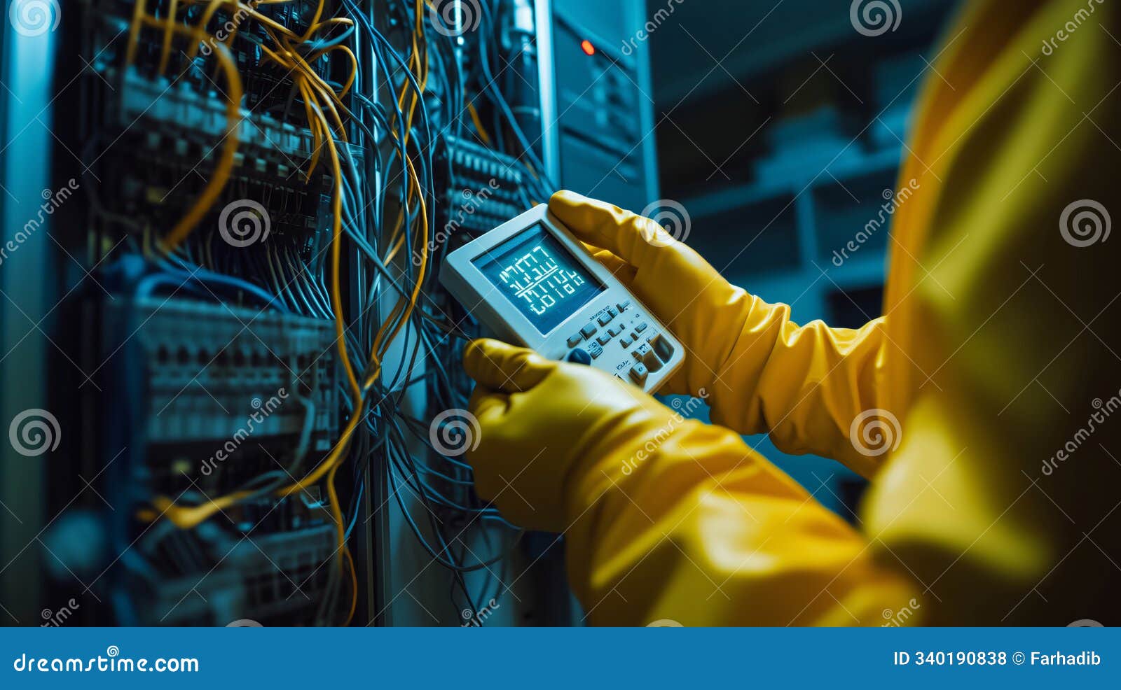 An Electrician Wearing Safety Gear Works On A Complex Electrical Wiring ...