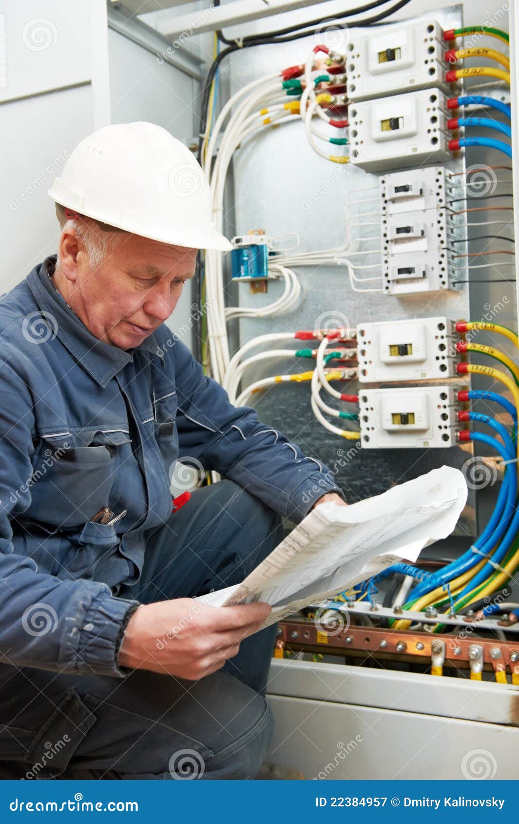 Electrician at Wiring with Working Drawings Stock Image - Image of ...