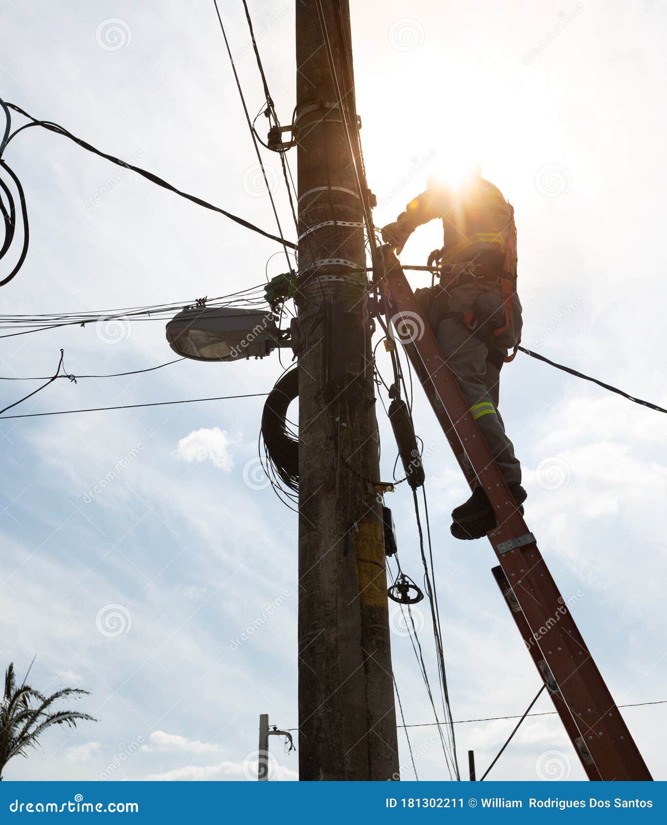 Electrician Worker Working on a High Voltage Pole Stock Image - Image ...