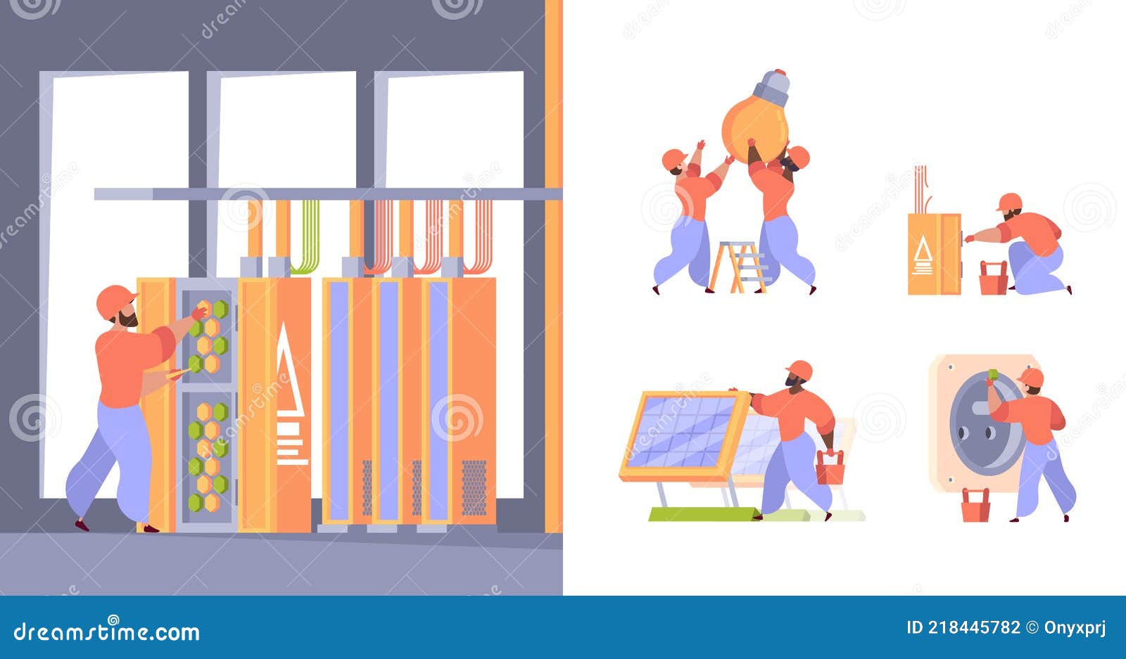 Electrician Workers. Stylized Characters Installing Electrically ...