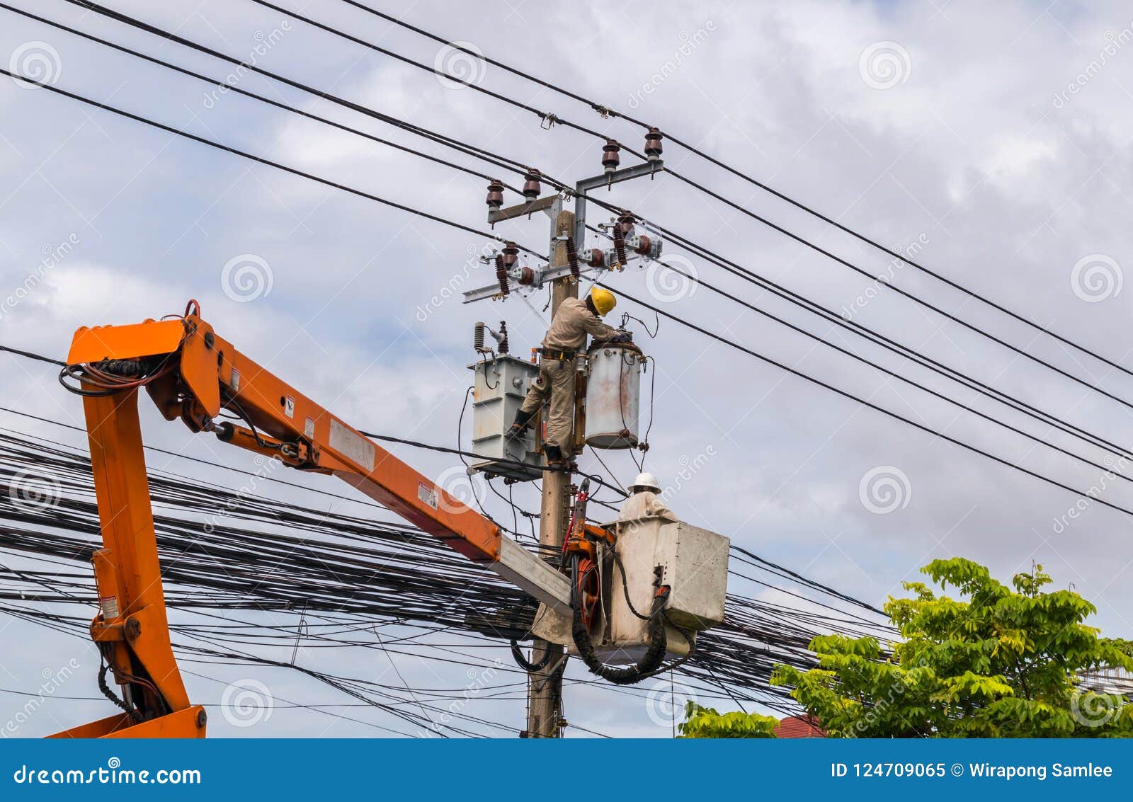 Electrician Working on Electric Pole. Stock Image - Image of ...