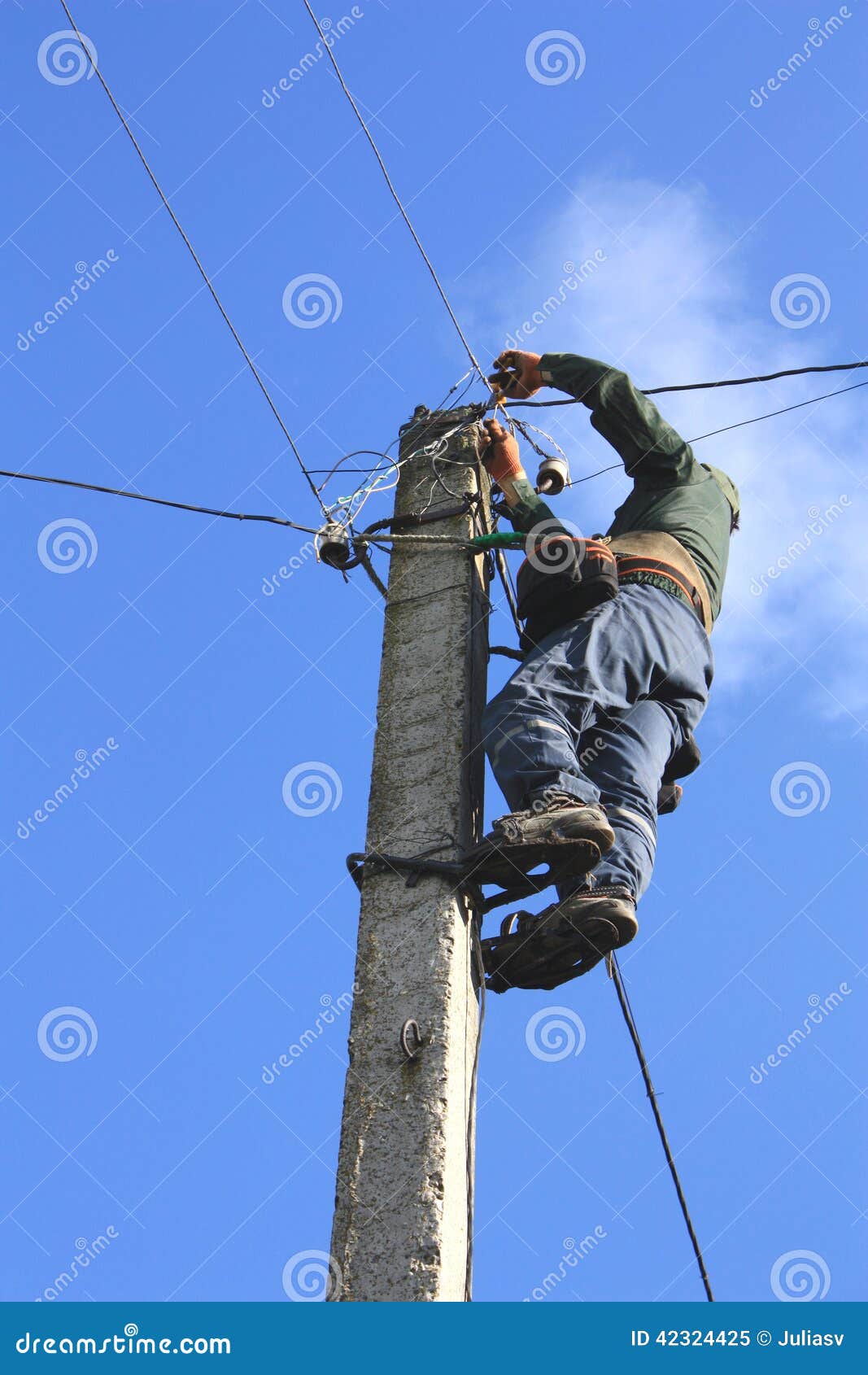 Electrician Working on Electric Power Pole Stock Image - Image of ...