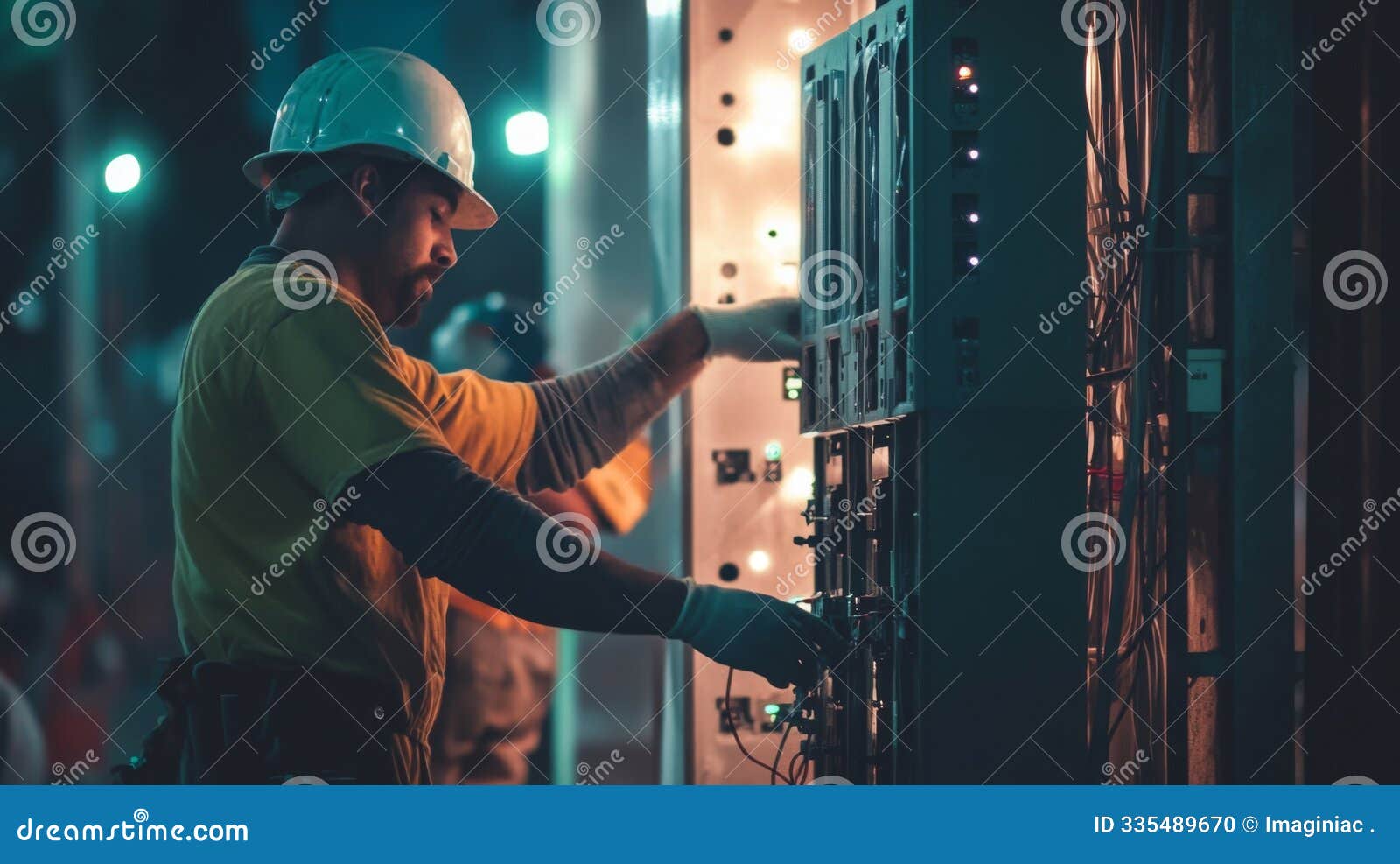 Electrician Working on Electrical Panel at Night Stock Illustration ...