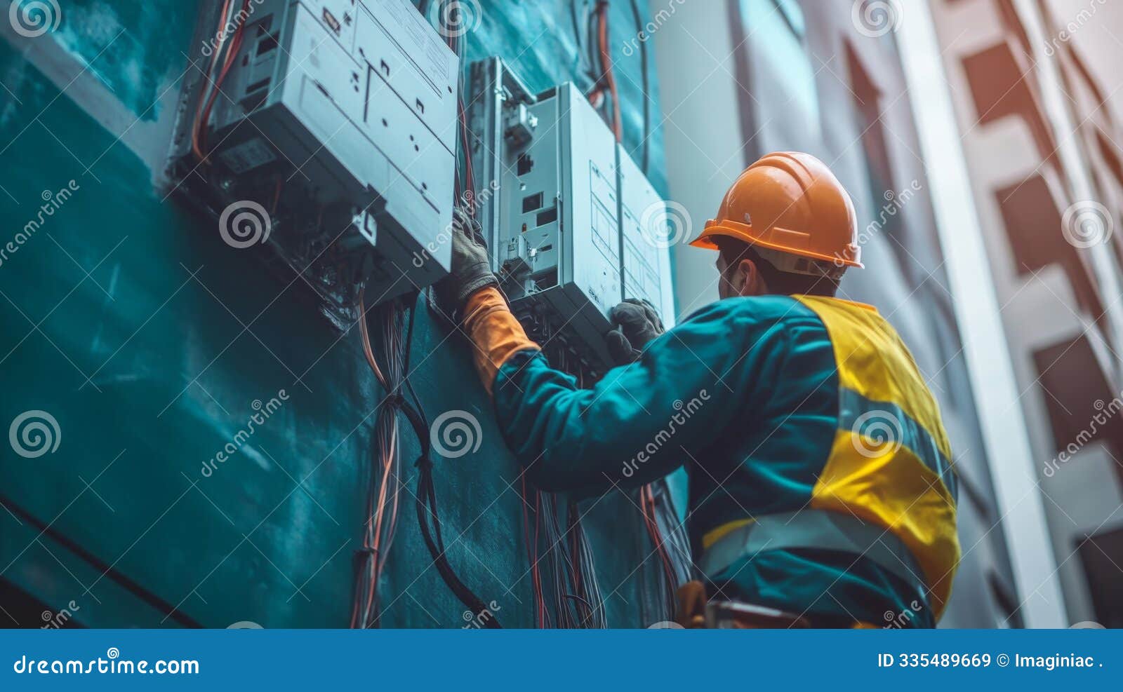 Electrician Working On Complex Wiring Setup Inside A Building For ...