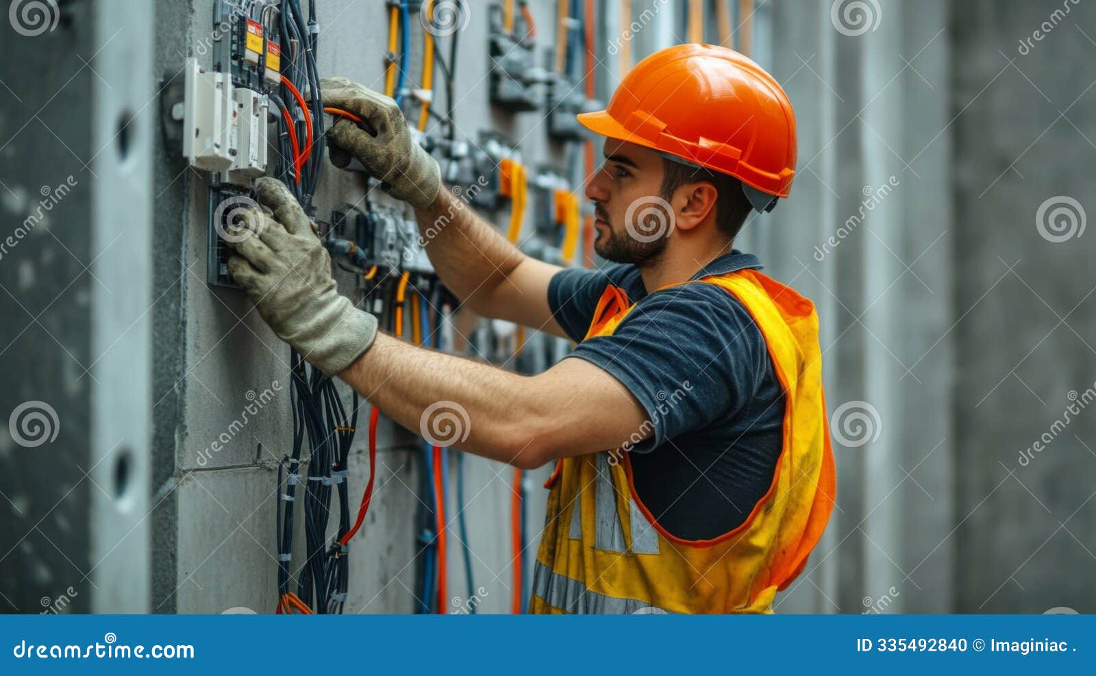 Electrician Working on Electrical Panel with Wires Stock Illustration ...