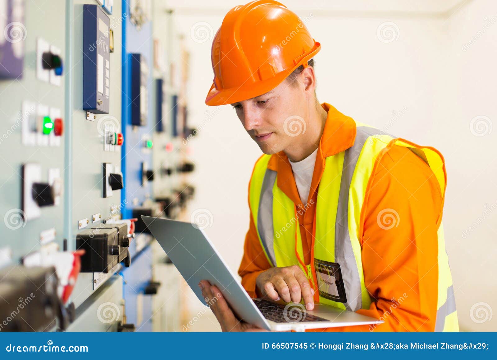 Electrician Working Laptop Computer Stock Image - Image of caucasian ...