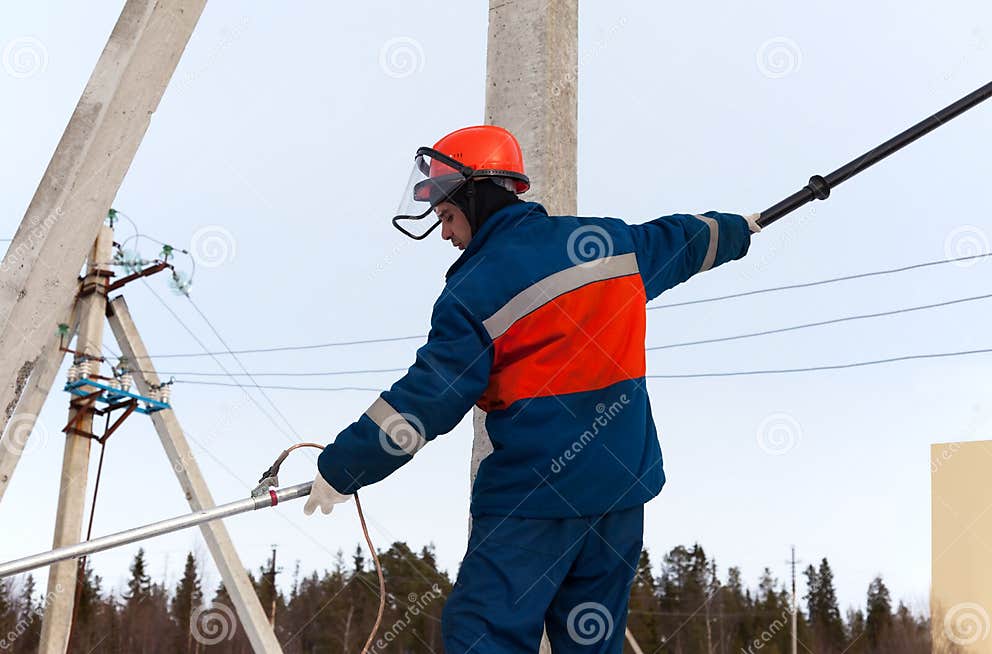Electrician Working on Power Lines Stock Image - Image of telescopic ...