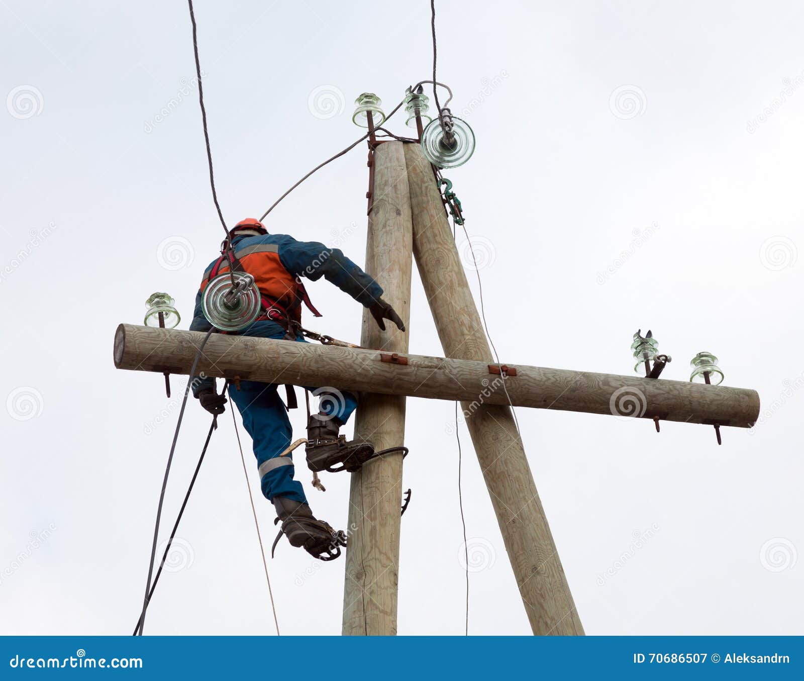 Electrician Working on the Power Lines after the Accident Stock Image ...