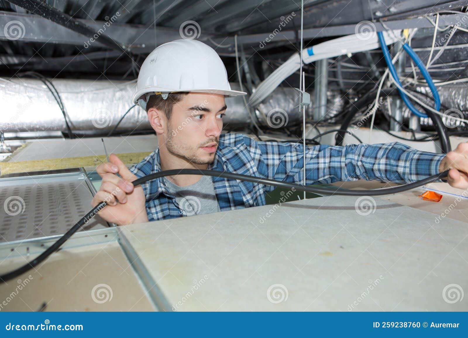 Electrician Working in Roof Space Stock Photo - Image of electrician ...