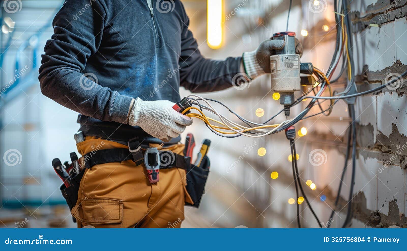 Electrician Working On Complex Wiring Setup Inside A Building For Installation, Repair, Or ...