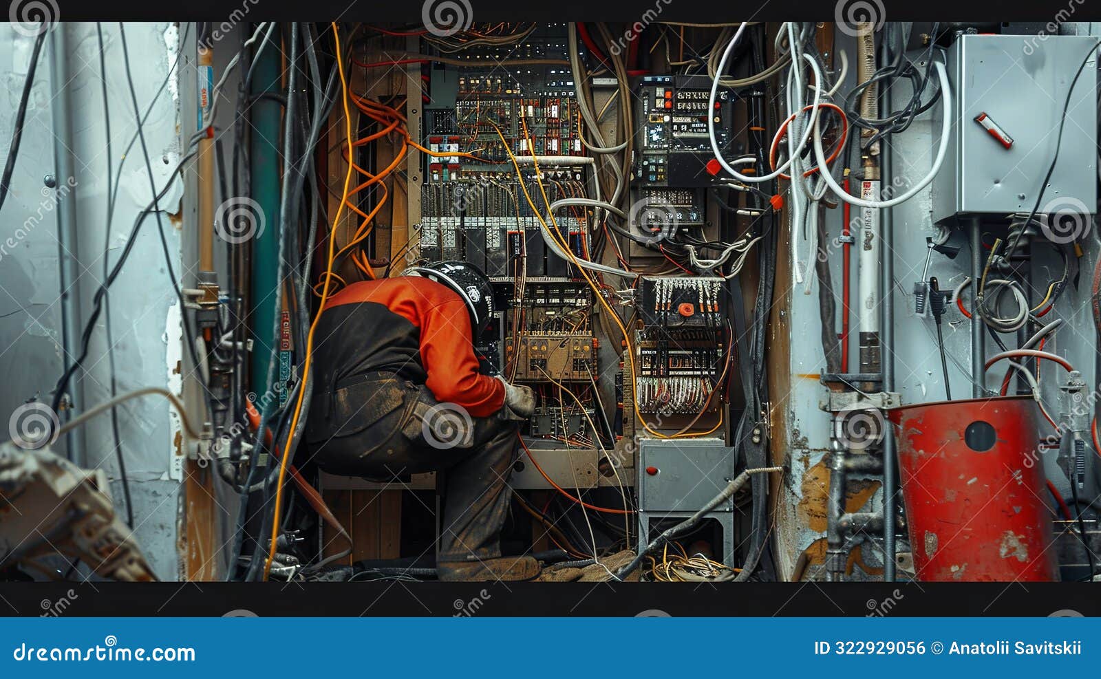 An Electrician Works on a Complex Network of Wires and Connectors ...