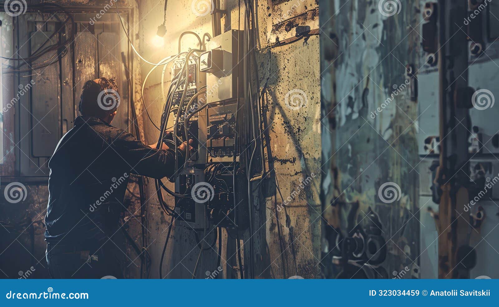 An Electrician Works on Exposed Wiring within an Open Wall, Emphasizing ...