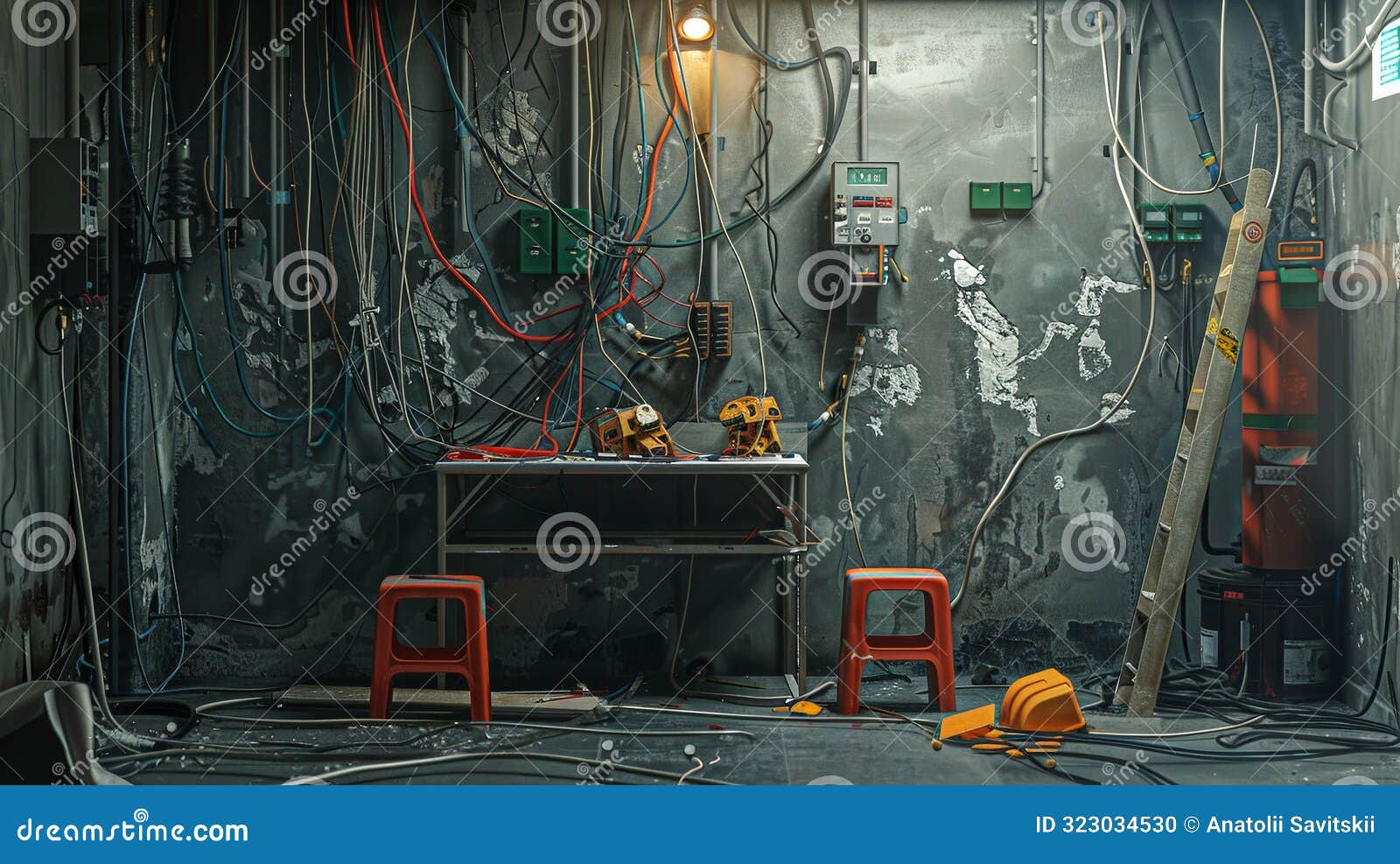 An Electrician Works on Wiring in Open Wall with Tools. Background ...
