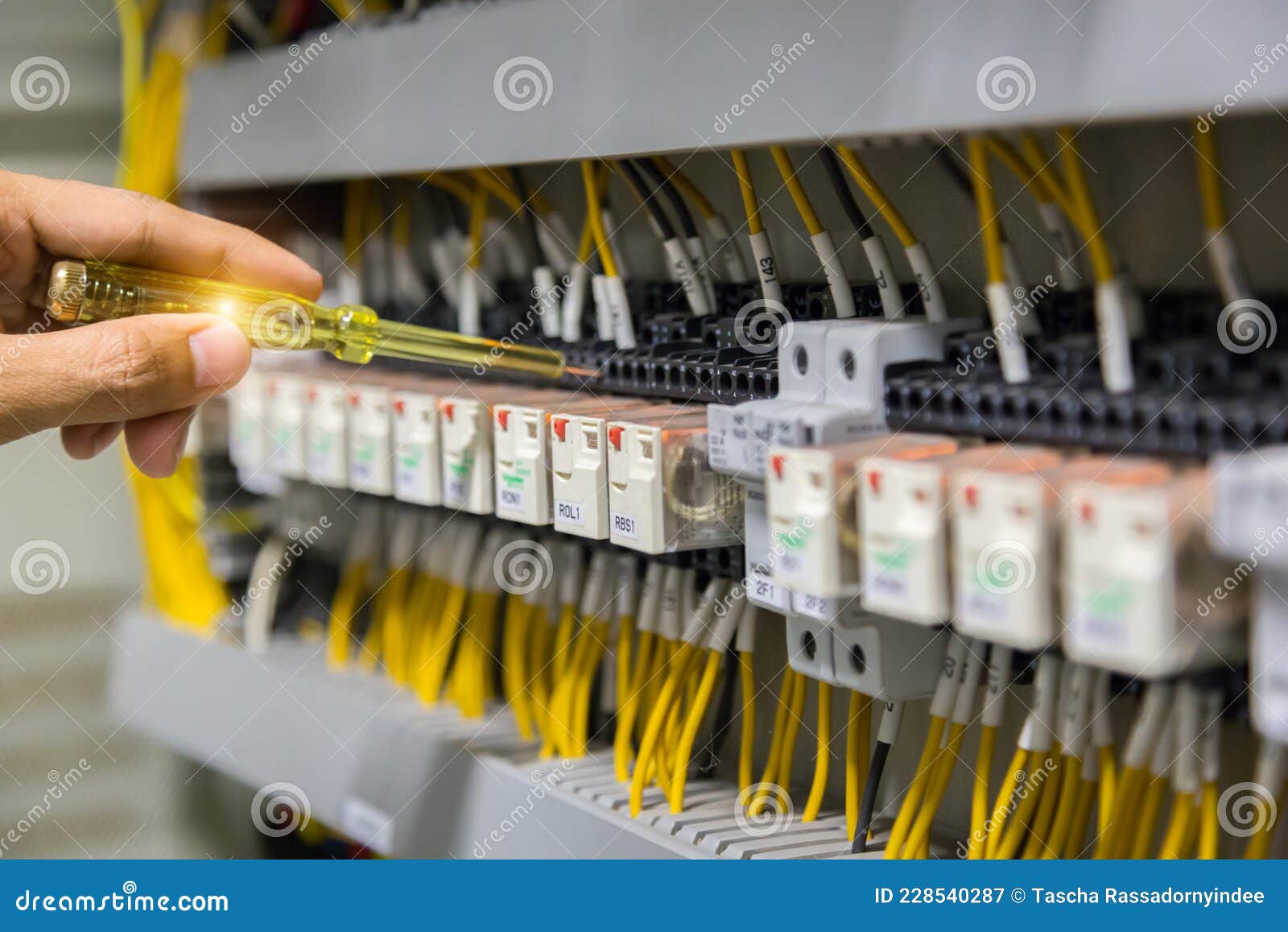 Electrician Engineer Work Tester Measuring Voltage and Current of Power ...