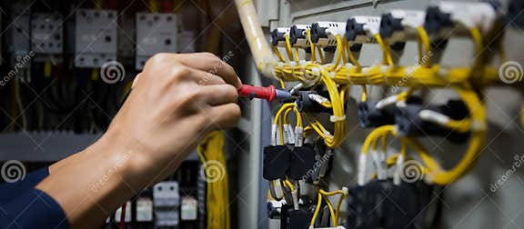 Electricians Hands Testing Current Electric in Control Panel Stock ...