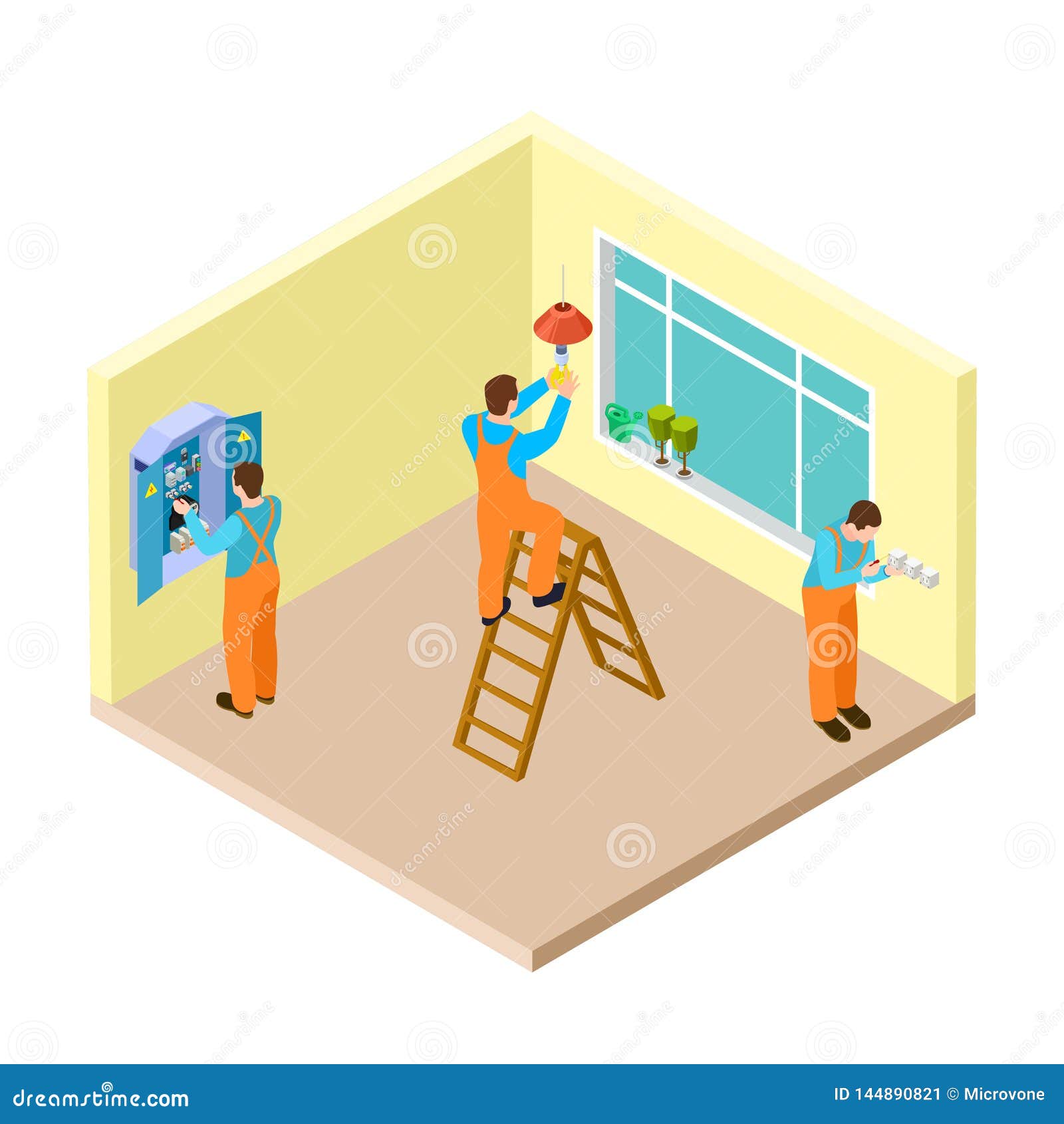 Electricians at Work in the Room Isometric Vector Concept Stock Vector ...