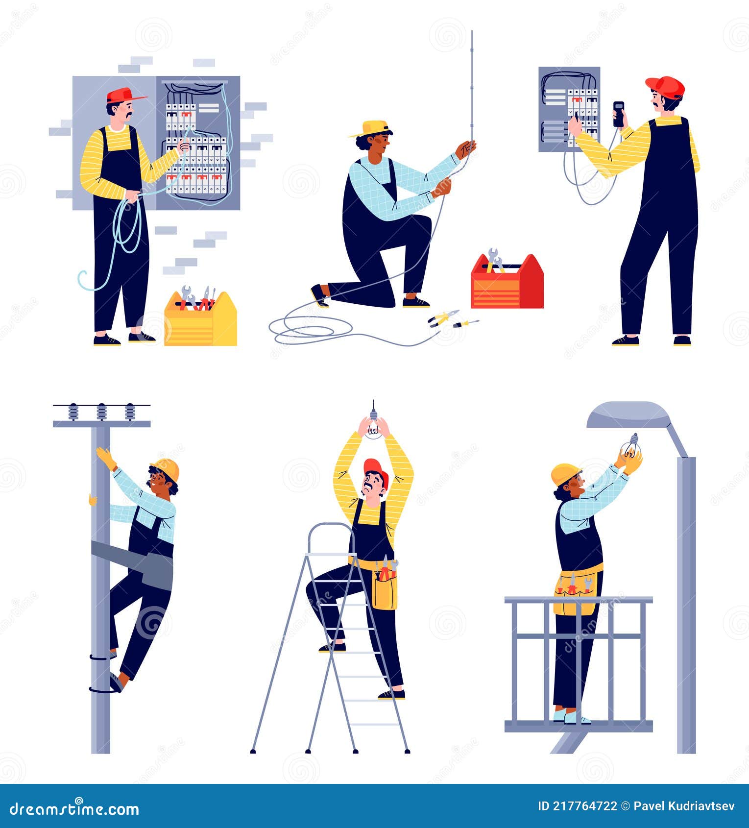 Electricians Workers Work with Power Grids, Flat Vector Illustration ...