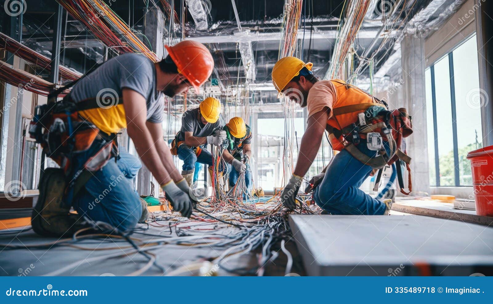 Electricians Working On A Complex Wiring System Inside A Building Under ...