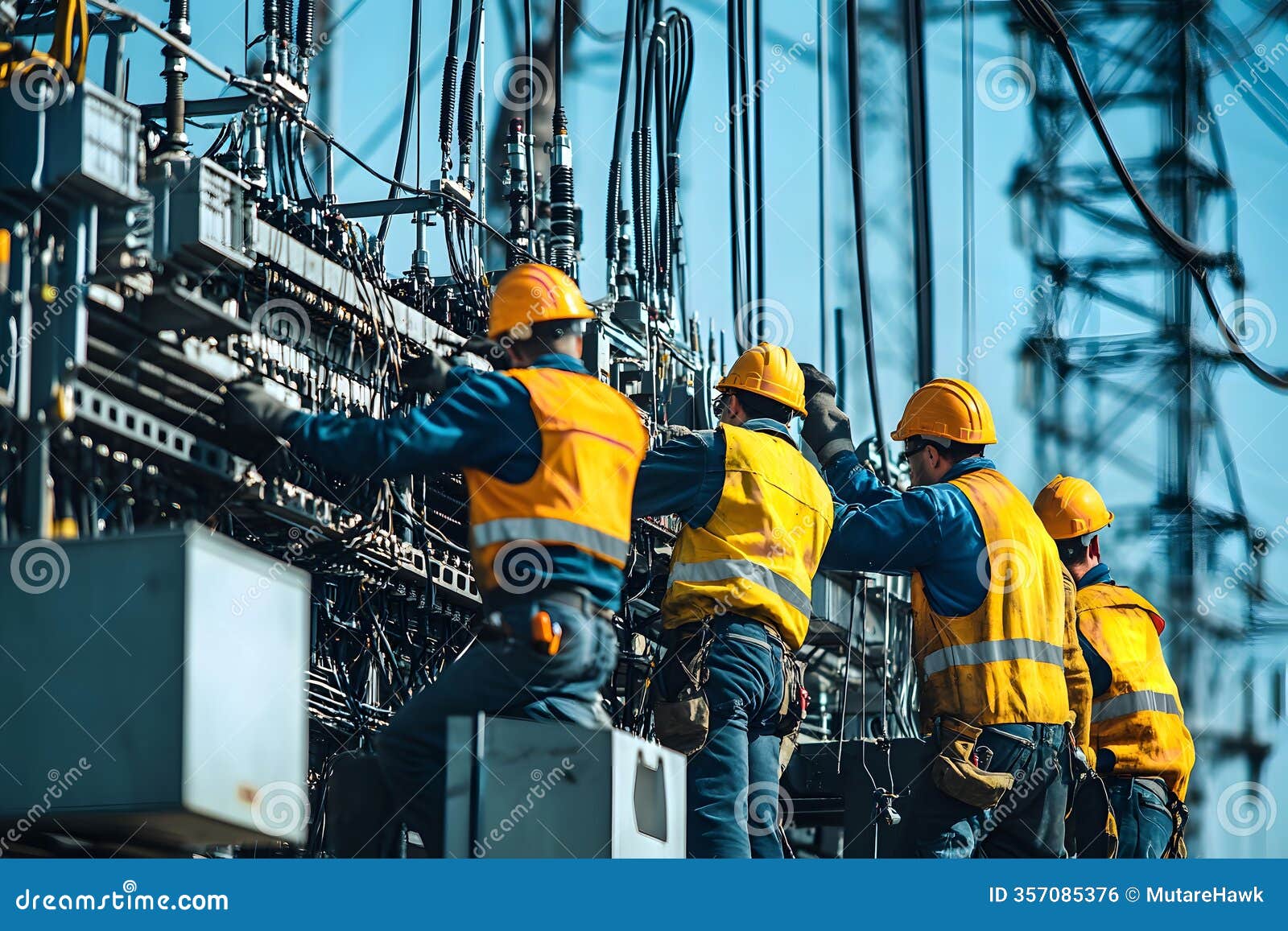 Electricians Working On A Complex Wiring System Inside A Building Under ...