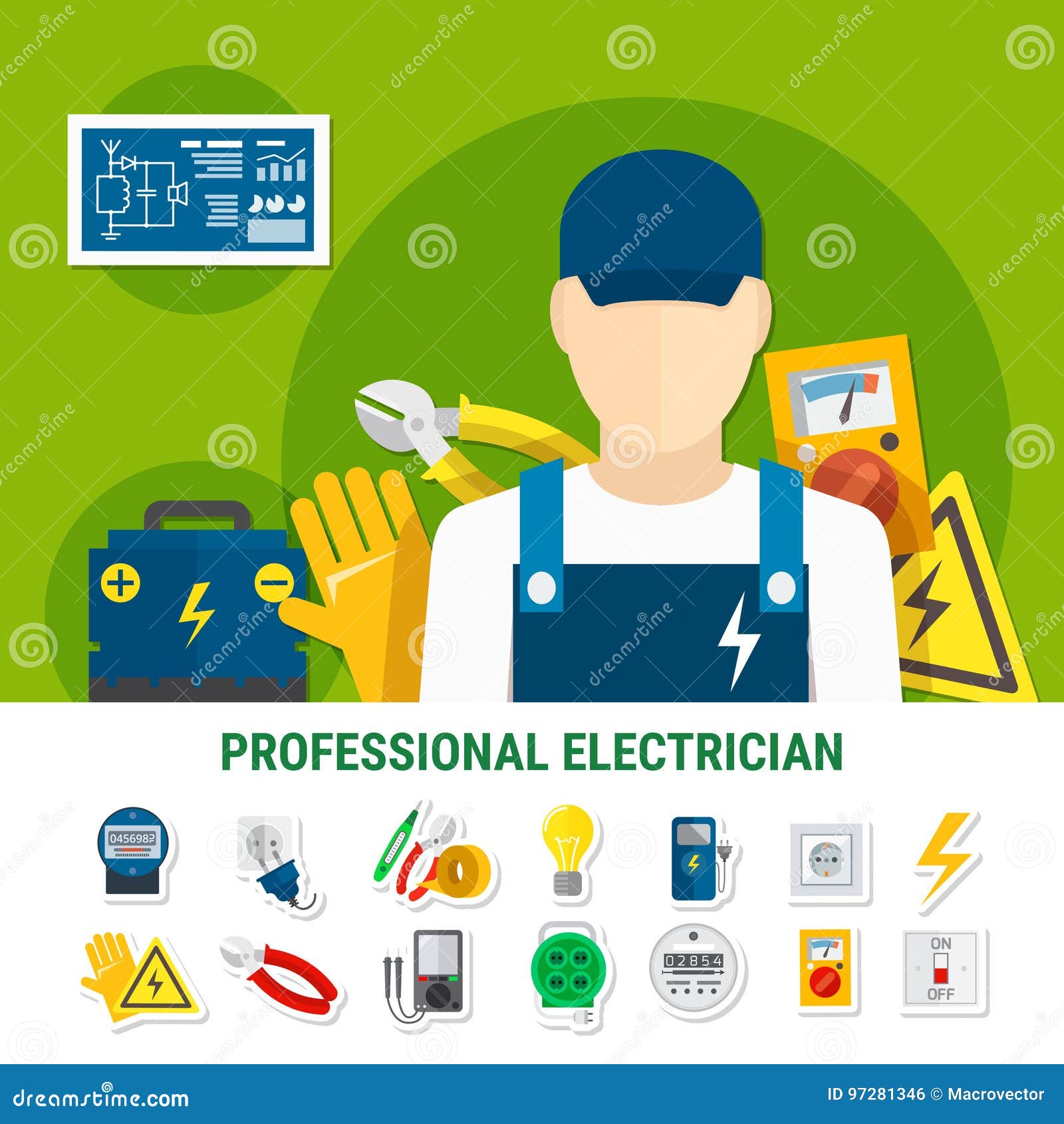 Electricista Flat Icons Set Ilustración del Vector - Ilustración de contador, negocios: 97281346