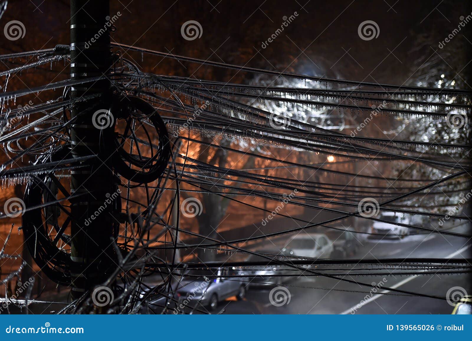 Electricity Cables Covered in Ice after Frozen Rain Stock Photo - Image ...