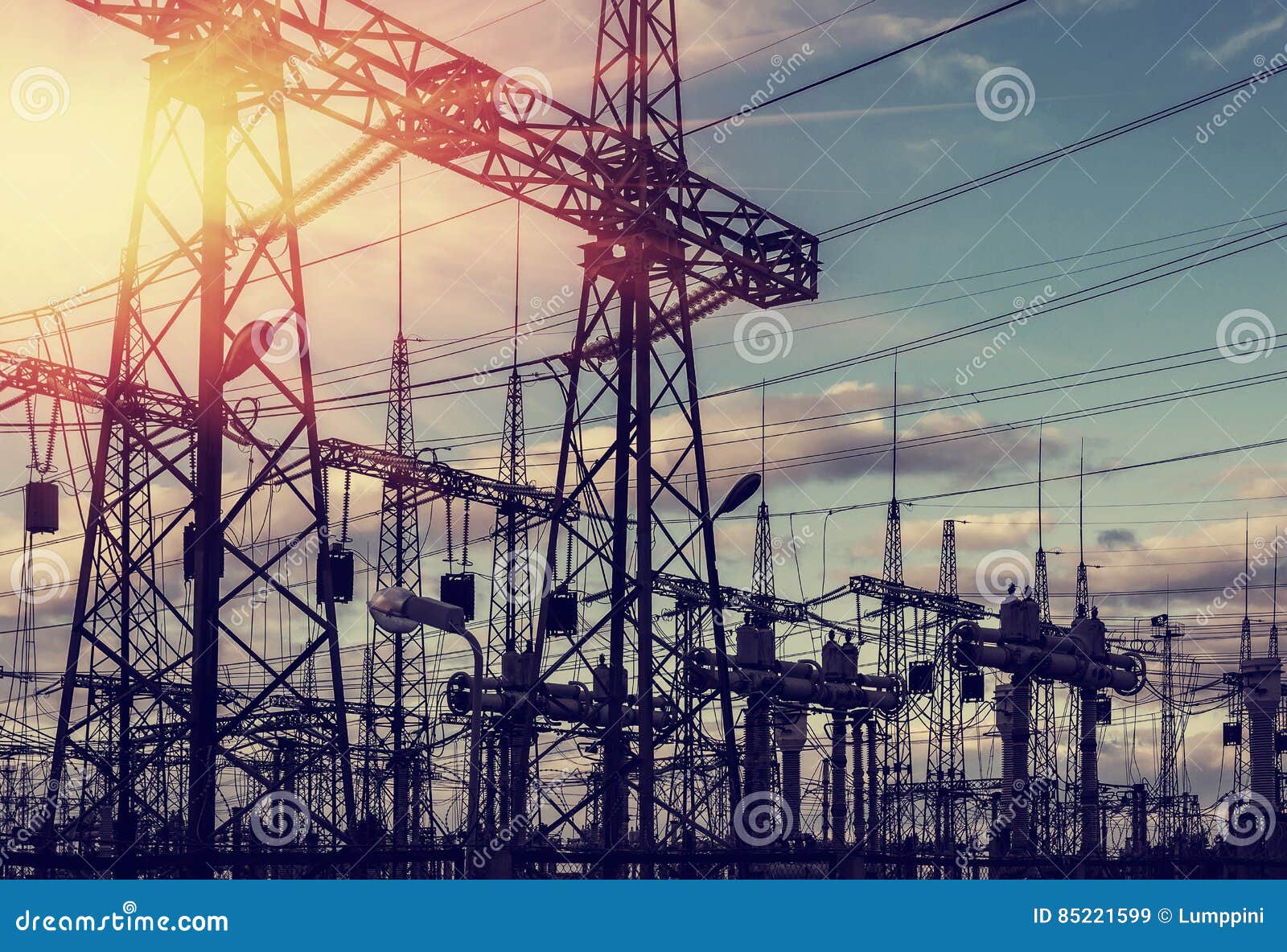 Electricity Distribution Station at Sunset. Stock Image - Image of ...