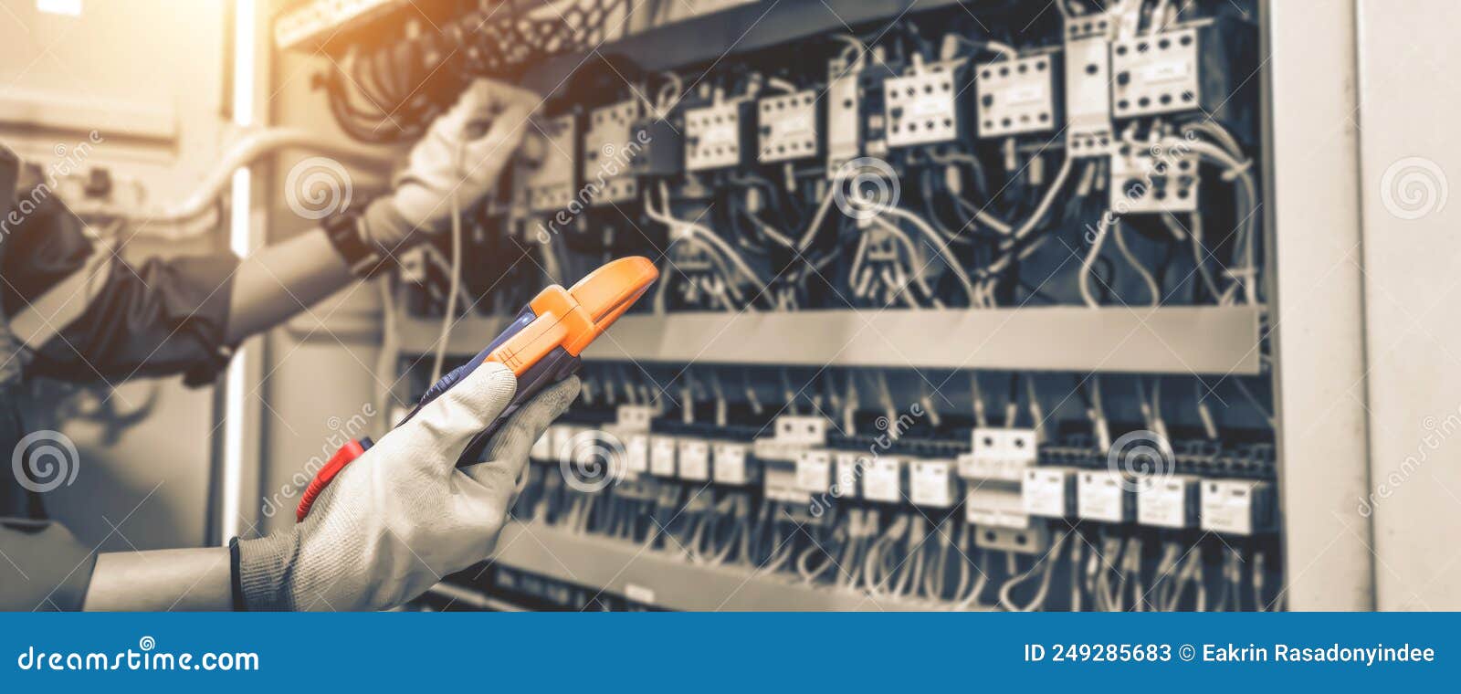 Engineer Hand Holding AC Voltmeter Checking Electric Current Voltage at ...