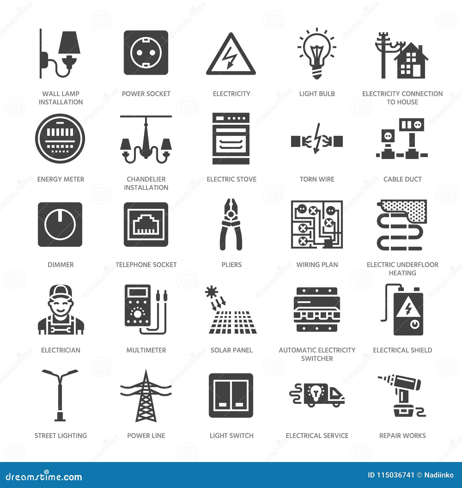 Electricity Engineering Vector Flat Glyph Icons. Electrical Equipment ...