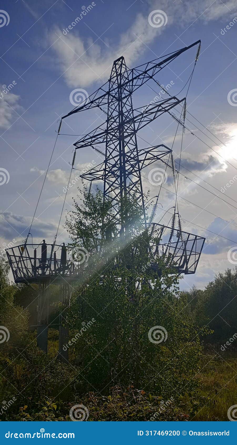 Powerlines Electricity With Blue Clouds And Rays Of Sun Royalty-Free Stock Photo | CartoonDealer ...