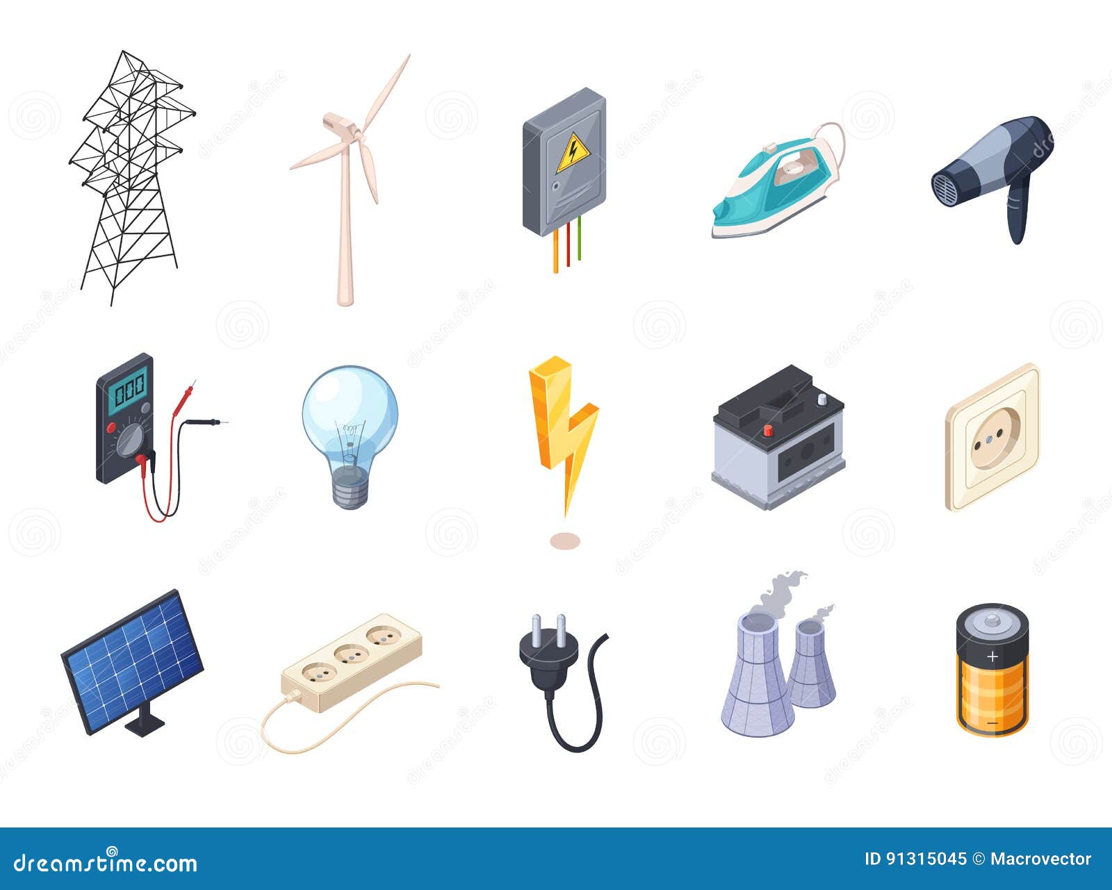 Electricity Isometric Icons Set Stock Vector - Illustration of ...
