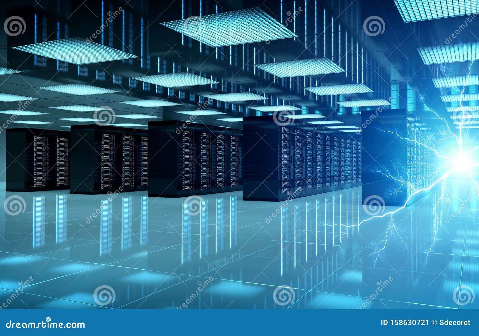 Electricity Lightning in Servers Data Center Room Storage Systems 3D ...