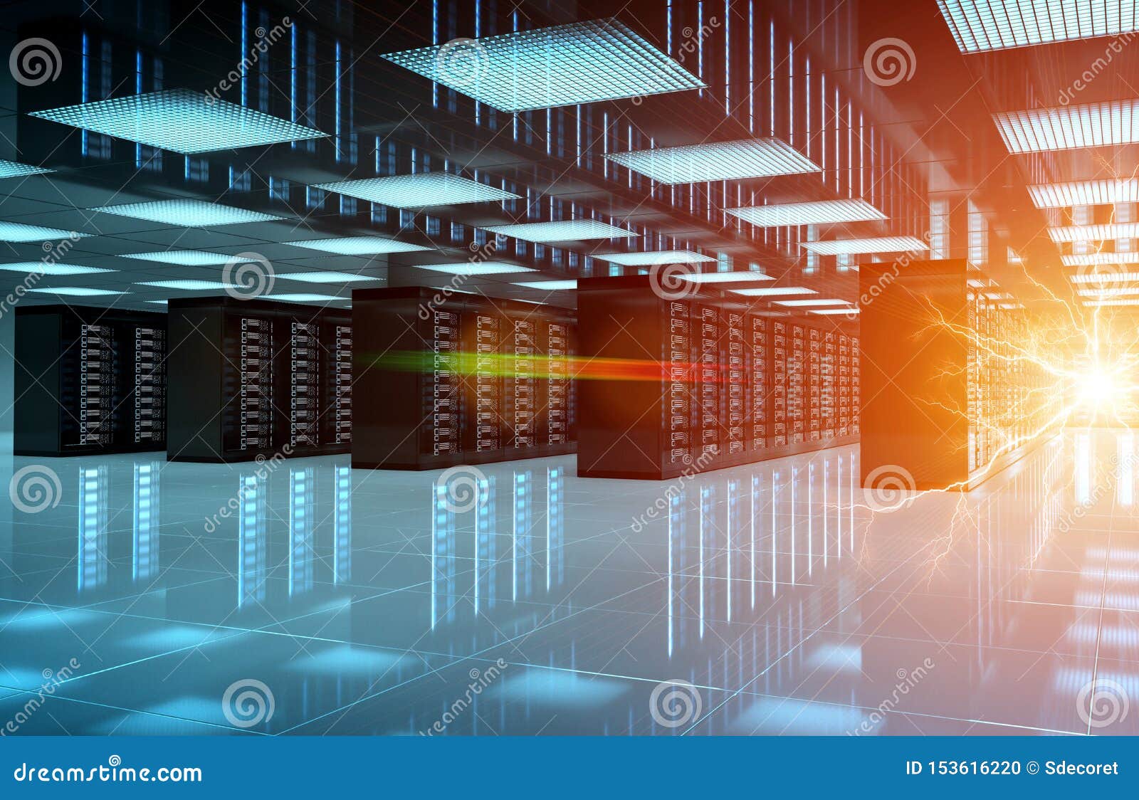 Electricity Lightning in Servers Data Center Room Storage Systems 3D ...