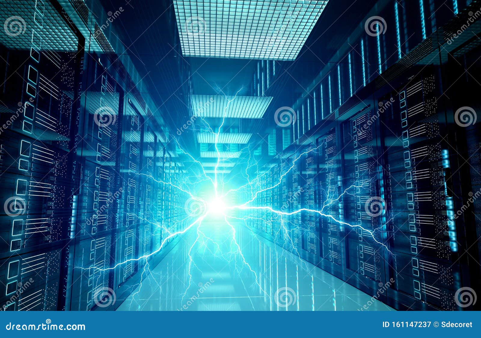 Electricity Lightning in Servers Data Center Room Storage Systems 3D ...