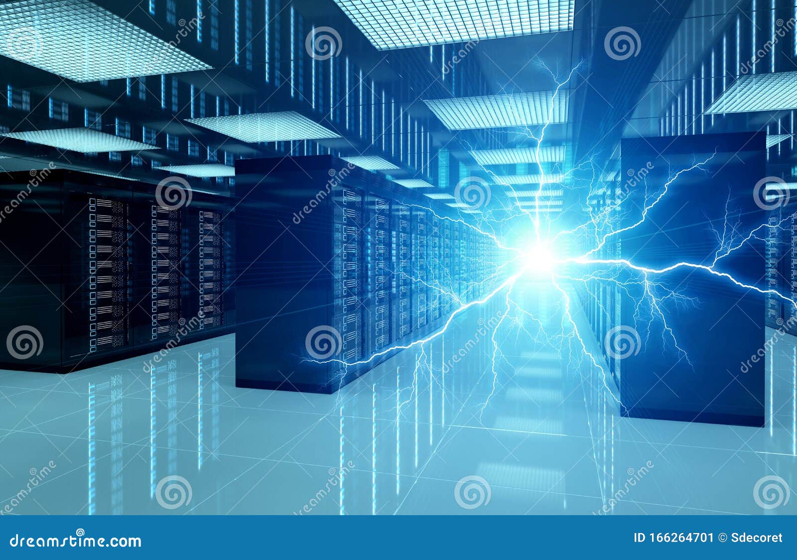 Electricity Lightning in Servers Data Center Room Storage Systems 3D ...